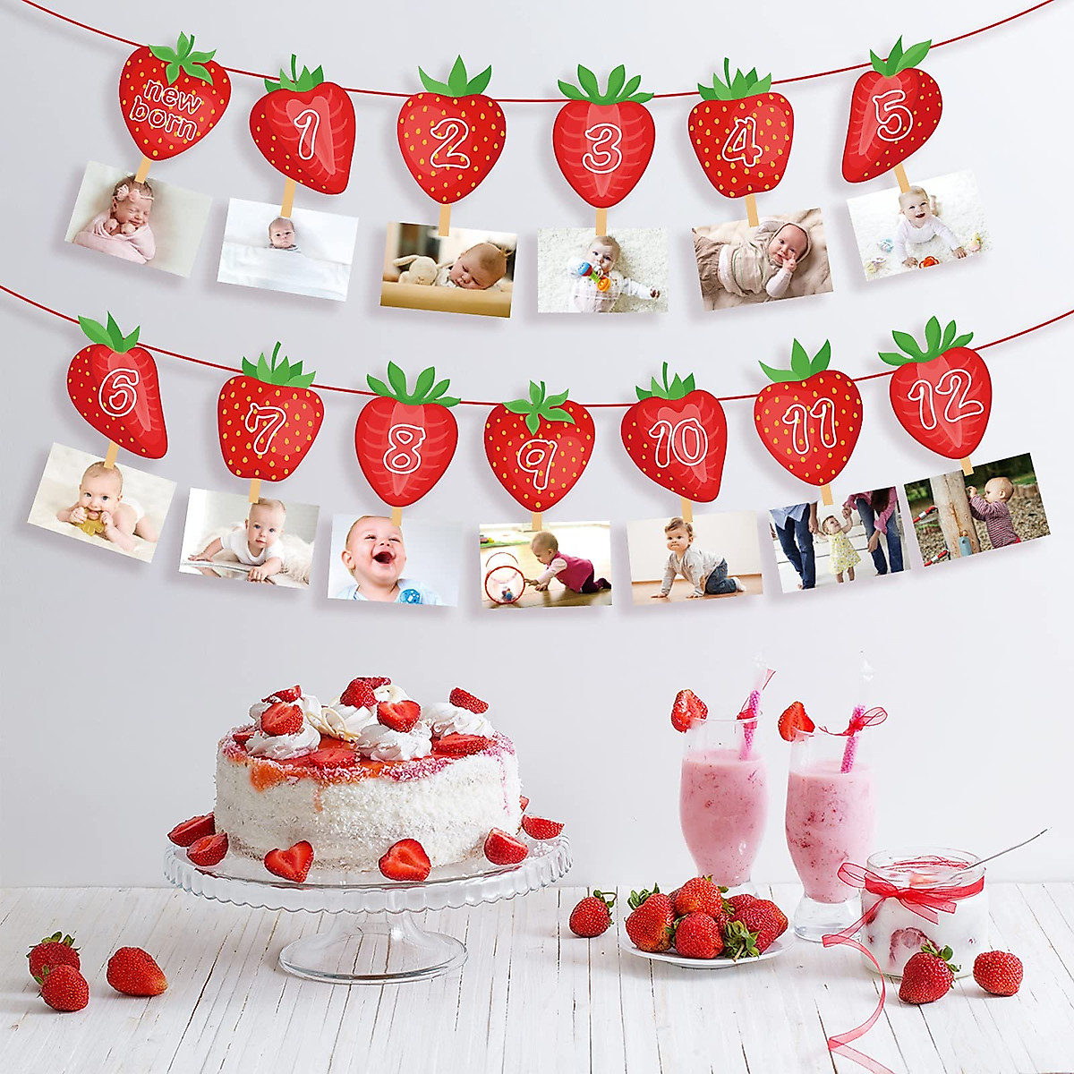 Strawberry Monthly Photo Banner - Sweet Berry 1st Birthday Monthly Banner Baby Girl 12 Month Photo Display Milestone Photograph Bunting Garland for Strawberry First Birthday Party,Baby Shower,Berry