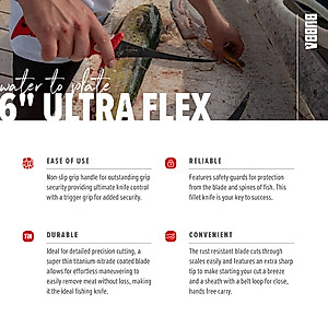 BUBBA 6 Inch Ultra Flex Tapered Fillet Knife with Non-Slip Grip Handle, 8Cr13MoV Stainless Steel Blade, Lanyard Hole and Synthetic Sheath for Fishing