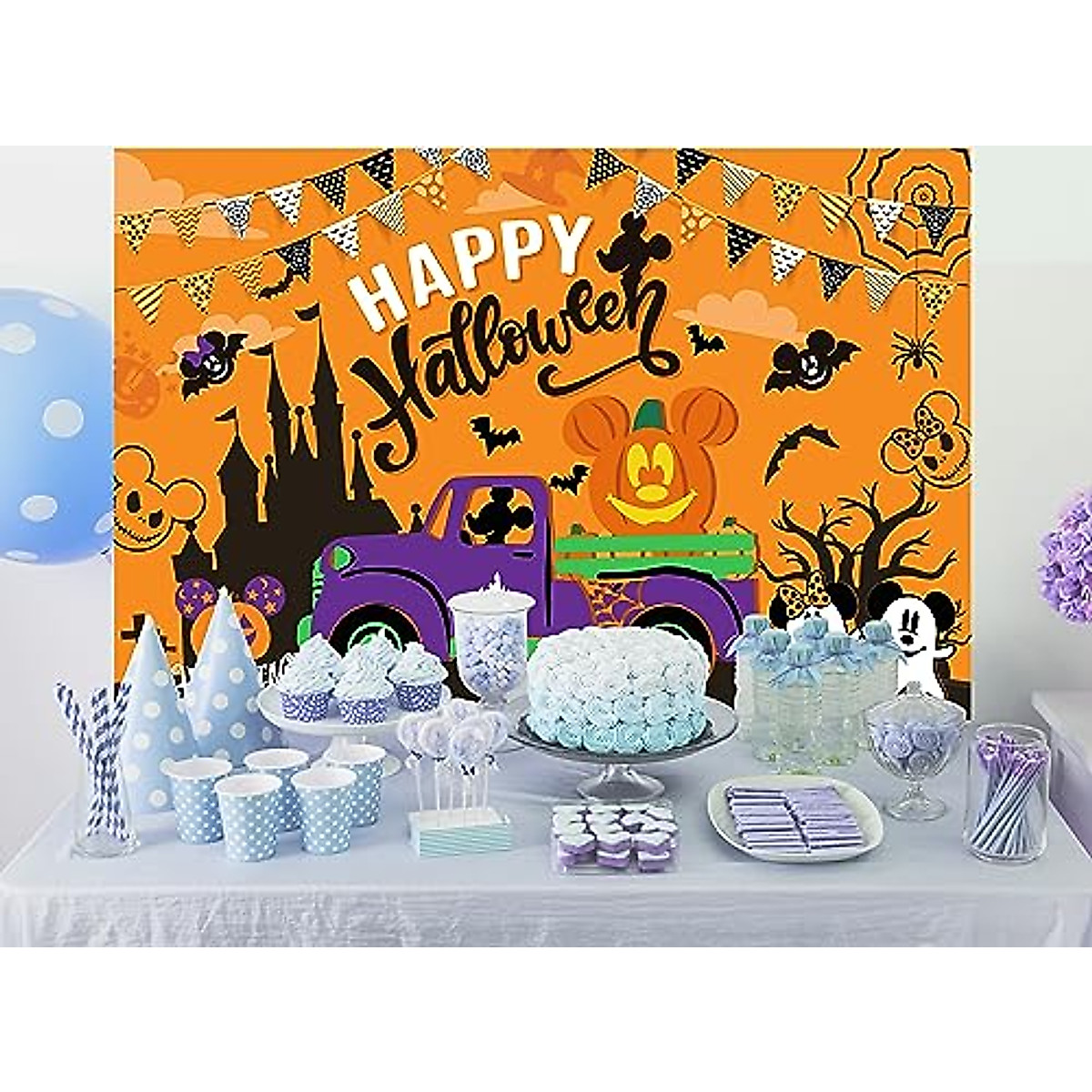 YUNKELIU Cartoon Mouse Happy Halloween Backdrop, Mouse Halloween Theme Party Decorations Happy Halloween Backdrop Banner Halloween Party Decorations for Halloween Indoor Outdoor Party Supplies