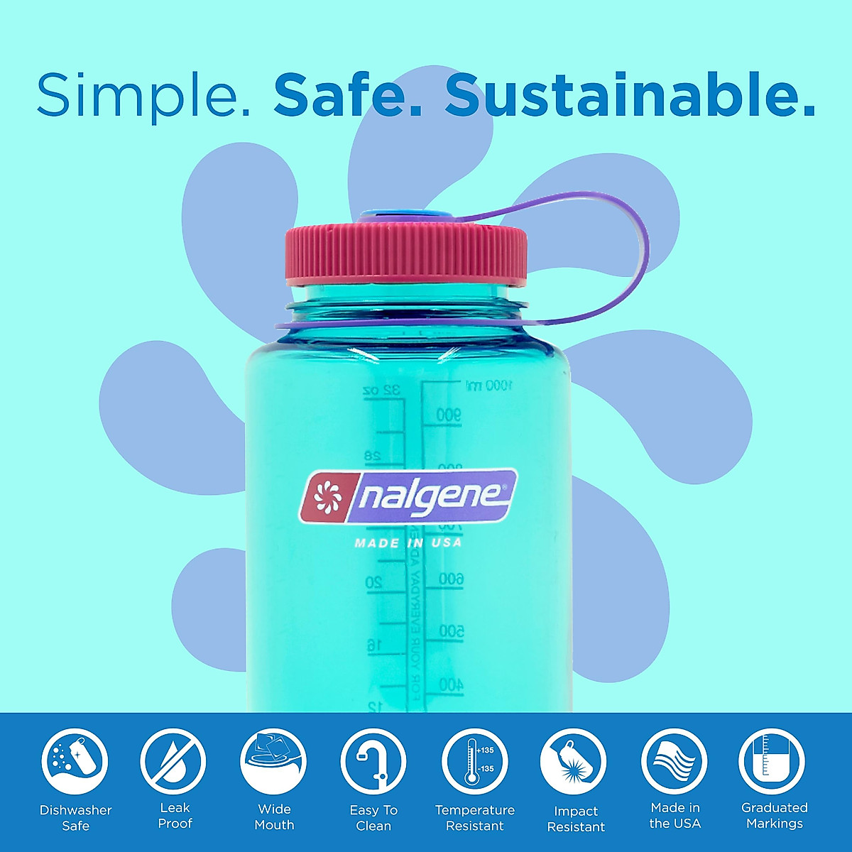 Nalgene Sustain Tritan BPA-Free Water Bottle Made with Material Derived From 50% Plastic Waste, 32 OZ, Wide Mouth, Surfer