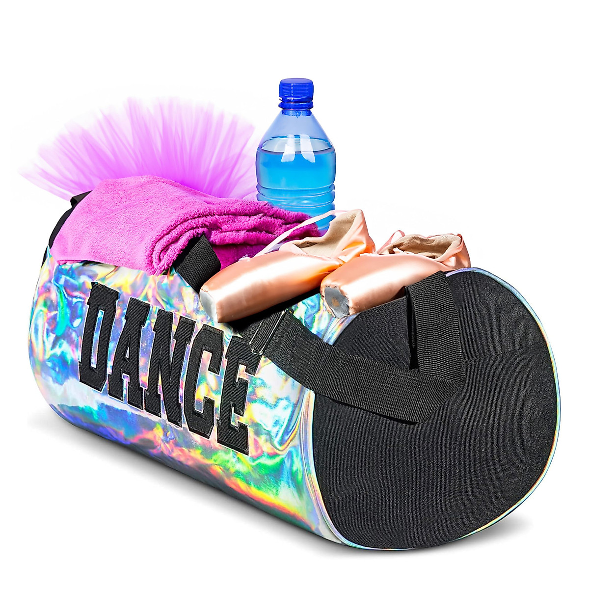 Holographic Dance Duffle Bag for Girls, Kids Travel Bag with Adjustable Carry on and Handy Pouch, Dance Accessories for Girls, Teens - 16 L