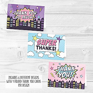 24 Pink Superhero Thank You Cards With Envelopes, Girls Kid Birthday Party or Adult Comic Bam Pow Gratitude Supplies For Grad, Baby or Bridal Wedding Shower, Boy Children or Woman Hero Stationery