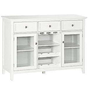 HOMCOM Coffee Bar Cabinet with 3 Drawers, 6-Bottle Wine Rack, Stemware Racks, Glass Door, Sideboard Buffet Cabinet, Wine Cabinet, White