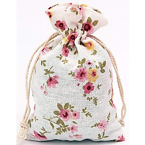 Autupy 20 Pack Floral Burlap Drawstring Bags Gift Bags Packing Storage Linen Jewelry Pouches Sacks for Christmas Wedding Party Shower Birthday, 5.5 x 3.9 Inch