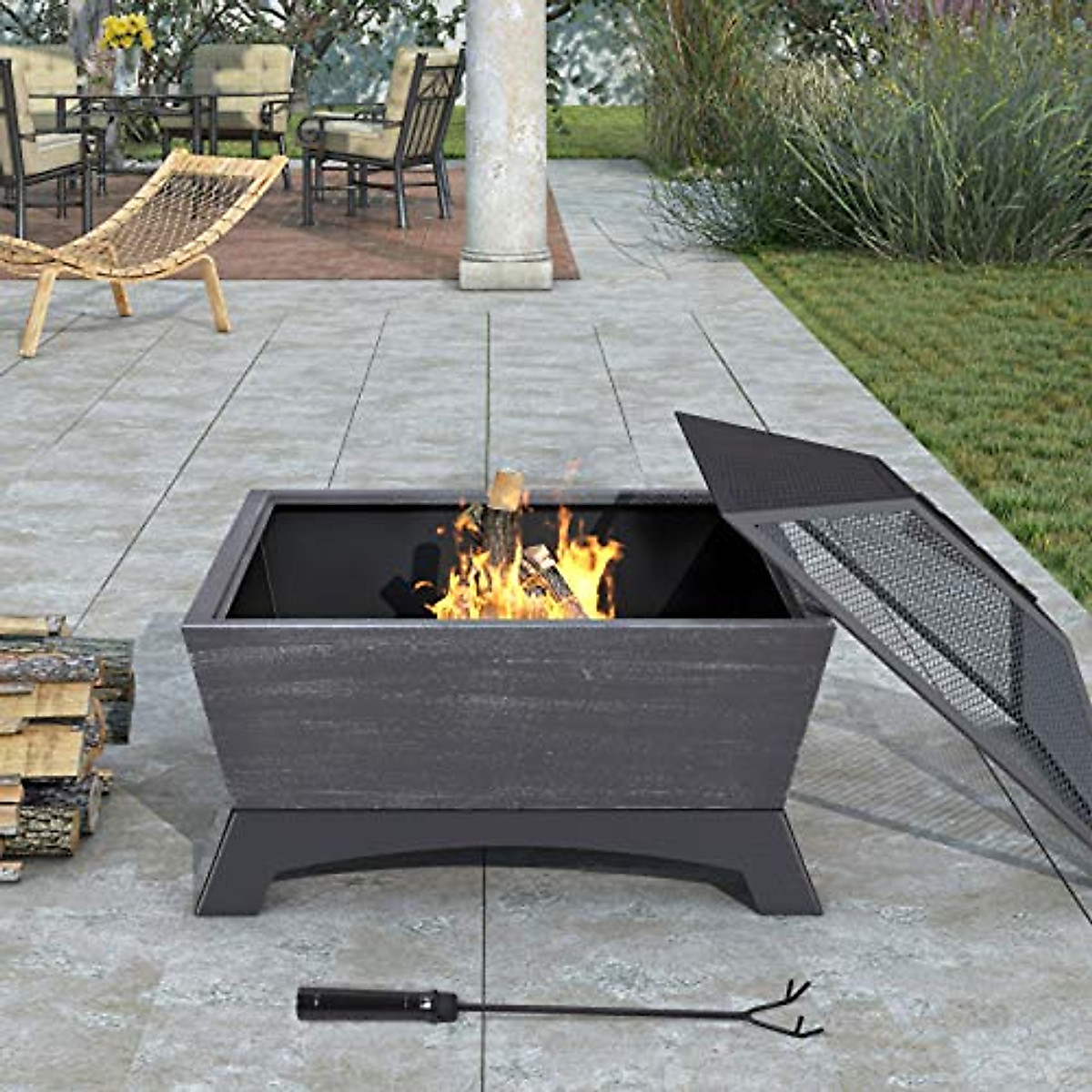 Fire Pit with Log Poker,Backyard Patio Garden Stove,Outdoor Fire Pit Table,Fire Pit Set,Wood Burning Pit,Mesh Screen for Outdoor Living, Family Use, Quality Steel,Dark Gray 25.9''x25.9''x17.1''