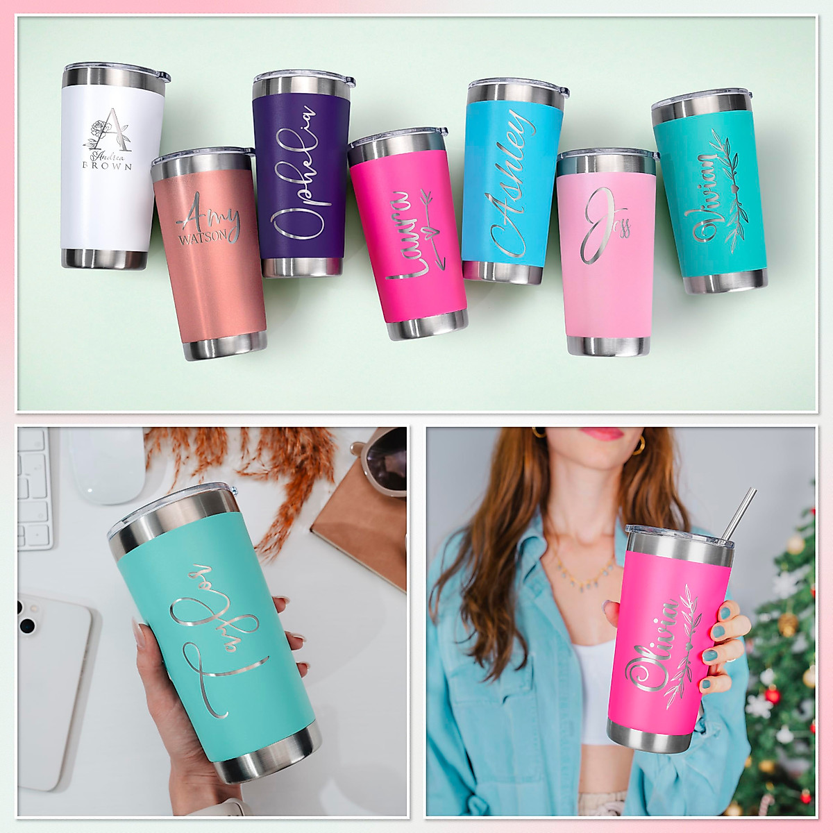 Personalized Tumbler with Engraved Name - 12 Designs, 20 Oz Coffee Tumbler with Slider Lid, Rose Gold, Double Wall Insulated - Custom Gifts for Women