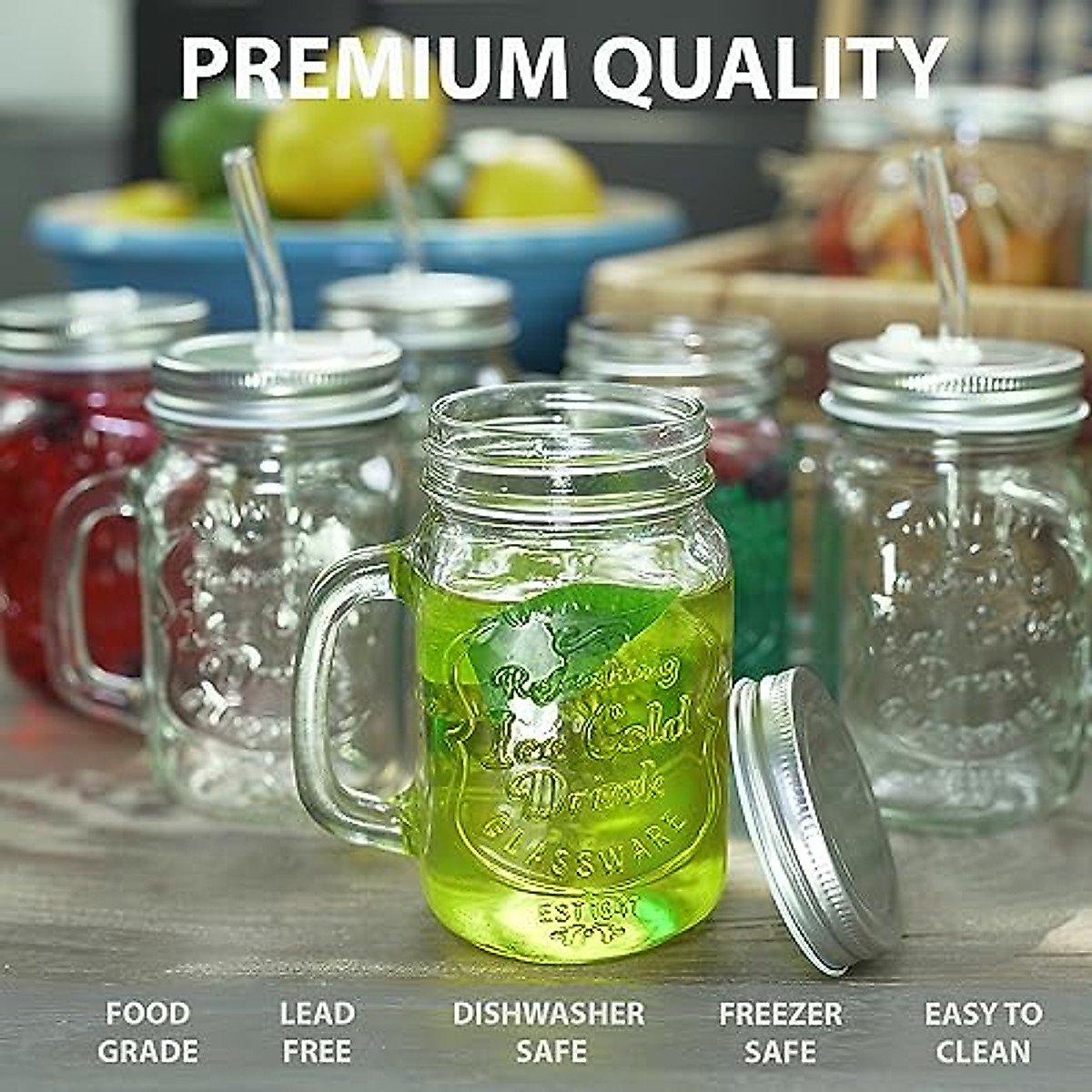 Pinkrella Mason Drinking Jars, 16 oz Glass Mugs Set of 6 with Handles, Airtight & Straw Lids, Glass Straws, Cleaning Brushes