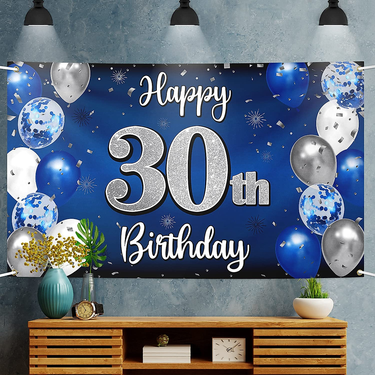 Nelbiirth Happy 30th Birthday Decorations,30th Blue & Silver Balloon Large Birthday Banner Backdrop Sign,Cheers to Thirty Years Old Bday Party Supplies.