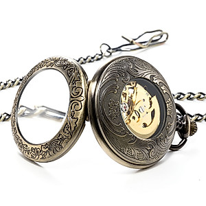 TREEWETO Automatic Mechanical Pocket Watch Magnifier Case Steampunk Skeleton Roman Numerals Dial for Men Women Bronze