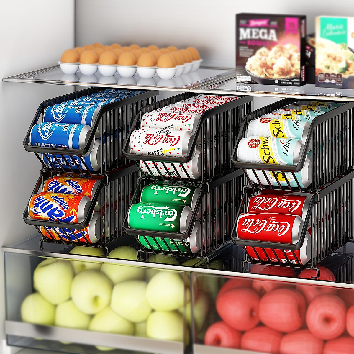 GILLAS 6 Pack Stackable Soda Can Organizer for Refrigerator, Can Holder Dispenser, Canned Food Storage Rack for Fridge, Kitchen, Countertops, Cabinets, Black
