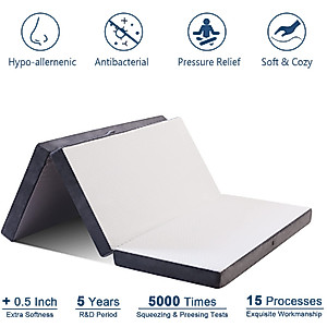 GOHOME Tri-Folding Mattress - Portable Futon Mattress for Children and Adults, Foldable Floor Mattress with Non-Slip Bottom for Back Pain Relief, Full 52"x74"x6"