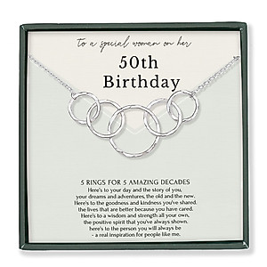 Sterling Silver 50th Birthday Necklace for Women - 5 Linked Rings for 5 Decades Pendant, 50th Birthday Gift Jewelry for Her, Best Friend Turning 50, Wife gift for 50th Birthday Celebrations