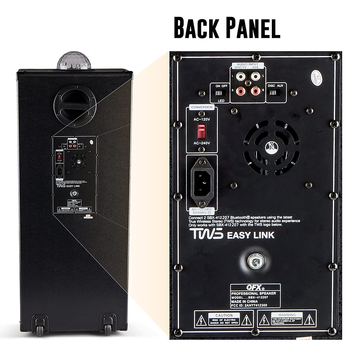 QFX SBX-412207BT TWS Bluetooth Cabinet Speaker with Dual 12" Woofers, LED Party Lights, FM Radio, USB/TF Card Ports, Aux Input, Red