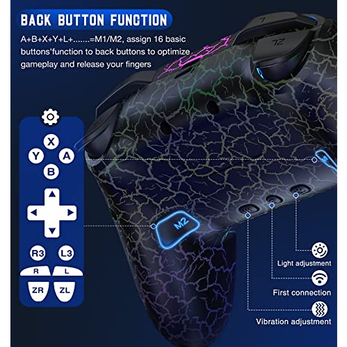 Gammeefy Switch Controller, Wireless Switch Pro Controller for Nintendo Switch/Lite/OLED, 9 Color Adjustable LED Switch Remote Compatible with PC/Android/IOS with Programmable Function