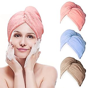 HAOBAOBEI Microfiber Hair Towels, 3-Pack Thickening Absorbent Hair Towels Wrap for Women Anti Frizz, Quick Drying Soft Hair Wraps Turbans (Pink, Blue, Brown)