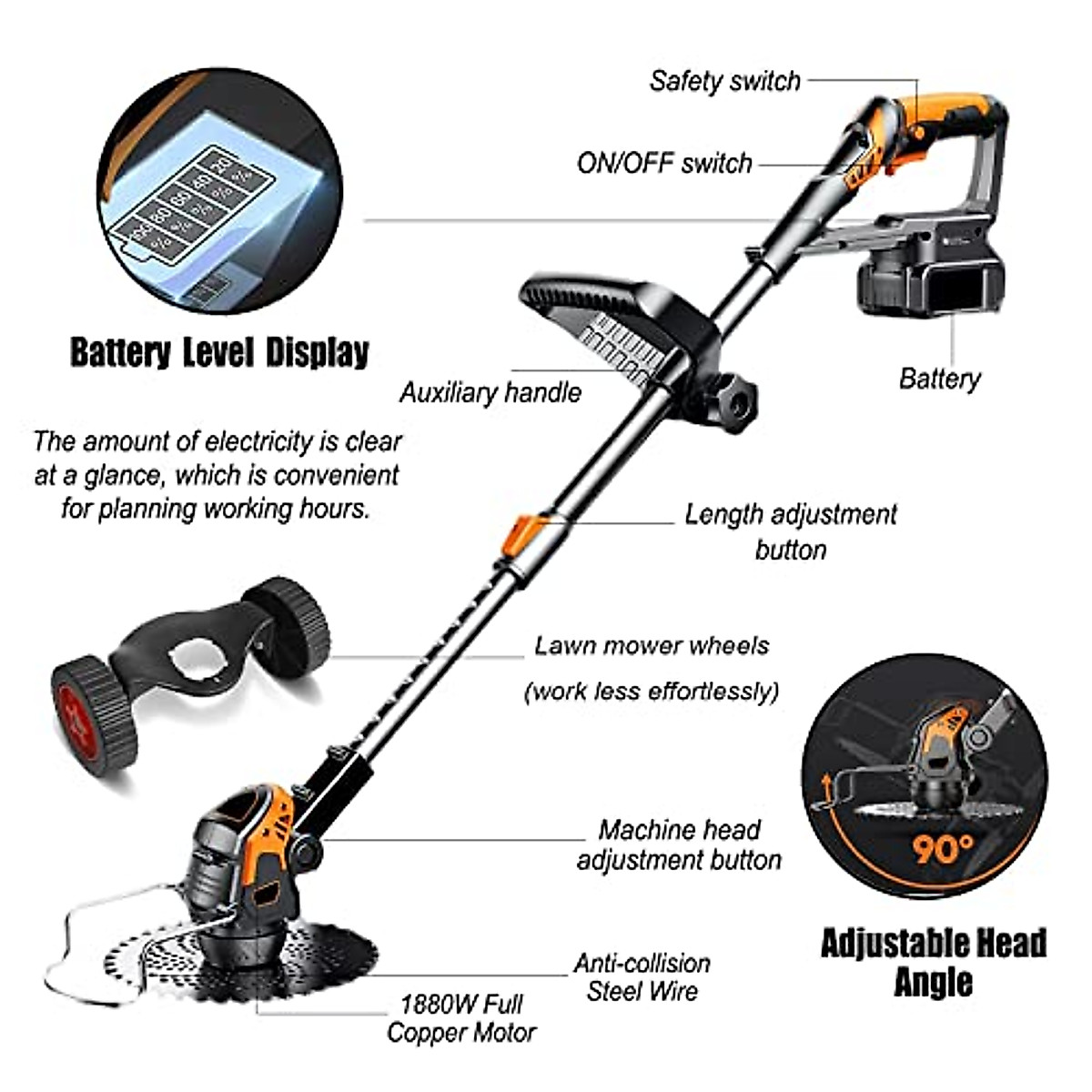 Electric Weed Eater Battery Operated Weed Wacker, String Trimmers with Remaining Power Display, Adjustable Machine Head Electric Lawn Edger for Garden and Yard