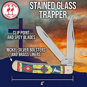 KISSING CRANE Stained Glass Trapper Pocket Knife | European Cathedral-Inspired Artwork | Stainless Steel Blades | Blue Bone Handle Scales | 3D Printed | Clip Point and Spey Blade | Closed Length 4"