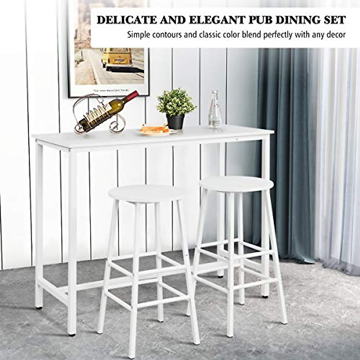COSTWAY 3-Piece Pub Table Set, Bar Table with 2PCS Backless Bar Stools, Fashionable Simple Style, Kitchen Counter Height Dining Design, Breakfast Table Set for Kitchen, Restaurant, Small Space (White)