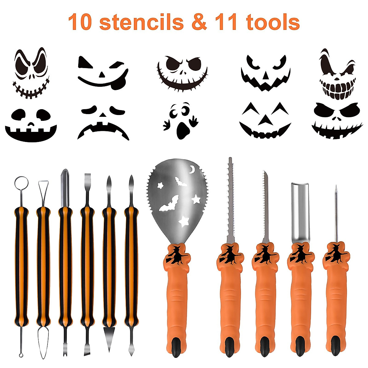 Halloween Pumpkin Carving Kit with 10 Stencils, ENVEL 11 Pcs Professional Stainless-Steel Pumpkin Pottery Sculpture Modeling Tools Set Heavy-Duty Steel Cutting Easily for Art Crafts, Adults