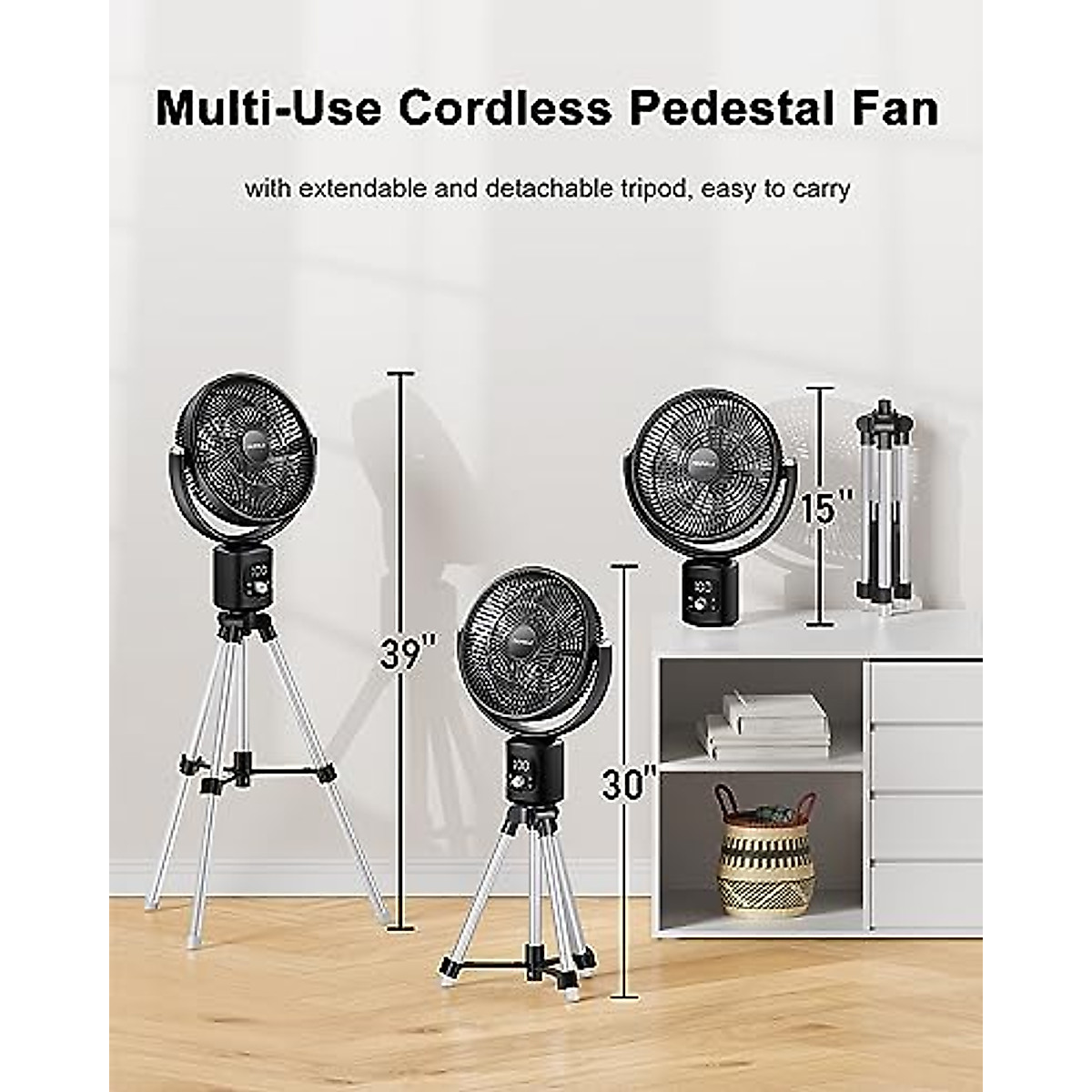 TriPole Oscillating Standing Fan 11” Outdoor Fan for Patios Quiet Pedestal Fan 12000mAh Rechargeable Battery Operated Floor Fan with Remote Control Portable Fan for Bedroom Patio Home Camping Travel