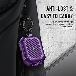 Maxjoy Compatible with AirPods Pro Case, Carbon Fiber Secure Lock Clip Full Body Shockproof Hard Shell Protective Case Cover with Keychain for AirPod Pro (2019), Purple