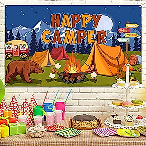 Camping Backdrop Camper Party Decoration Happy Camper Banner Campfire Forest Adventure Photography Background for Camping Theme Party Birthday Party Supplies with Rope, 72.8 x 43.3 Inch