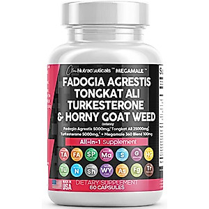Fadogia Agrestis 5000mg Tongkat Ali 25000mg Turkesterone 5000mg Supplement with Horny Goat Weed, Saw Palmetto, Maca Root, Siberian Ginseng, Tribulus Terrestris, Fenugreek, Wild Yam USA - 60 Count