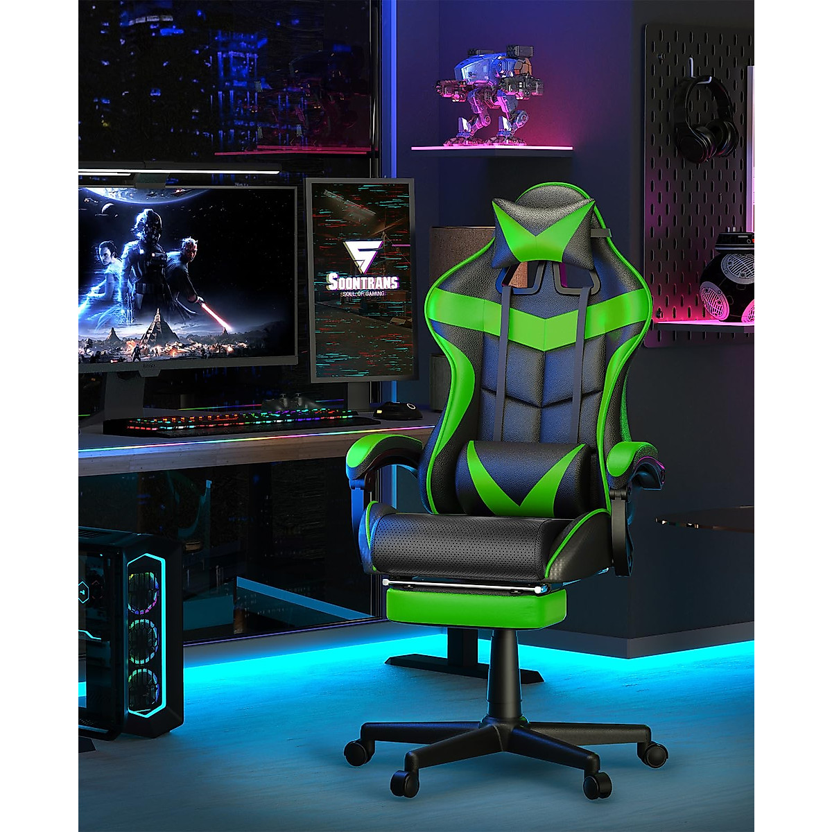 Soontrans Green Gaming Chair with Footrest,Racing Gaming Chair,Computer Gamer Chair,Ergonomic Game Chair with Adjustable Headrest and Lumbar Support(Jungle Green)