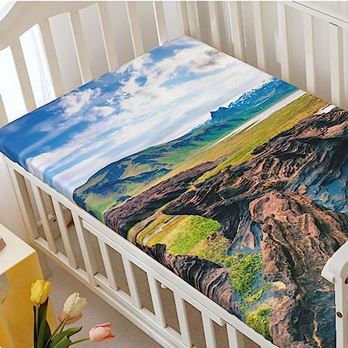 Nature Themed Fitted Crib Sheet,Standard Crib Mattress Fitted Sheet Soft Toddler Mattress Sheet Fitted - Baby Sheet for Boys Girls,28“ x52“,Cobalt Blue Peach Yellow Green