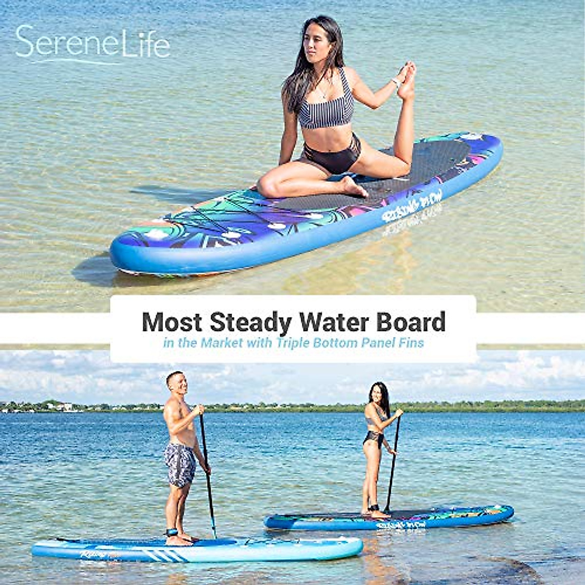 SereneLife Stand up Paddle Board Inflatable - Non-Slip SUP Paddle Board Paddle, Pump, Leash, and Accessories - Fun Water inflatable paddle board for Adults and Youth with Wide Stable Design