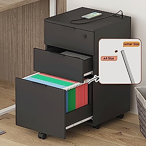 GOSROMS 3 Drawer File Cabinet with Lock & Charging Station, Wooden Move File Cabinet with Wheels, for Home Office, A4/Letter Size Files Under Desk - Black
