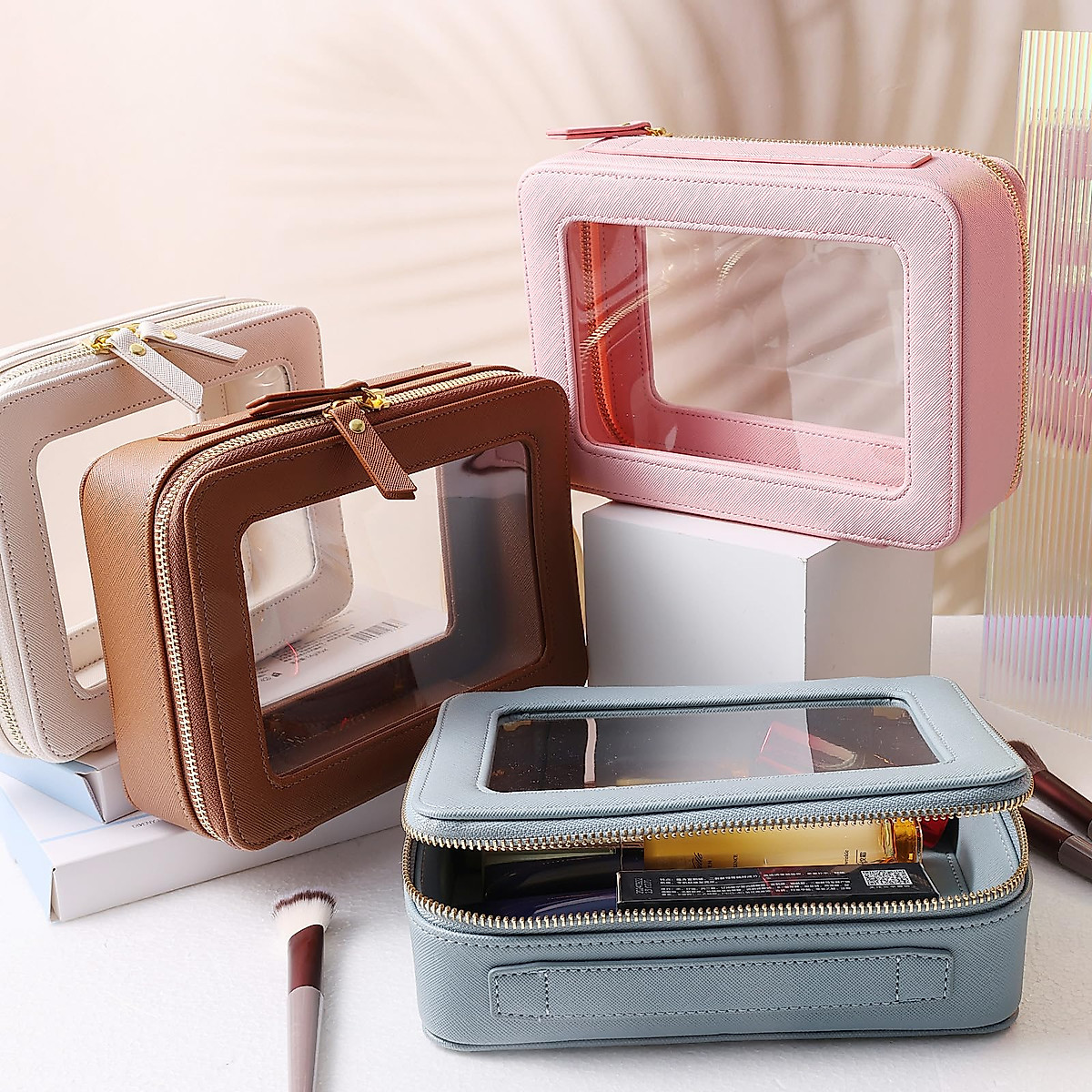 SANHECUN Toiletry bag waterproof cosmetic organizer with handle large opening for travelling (Pink)