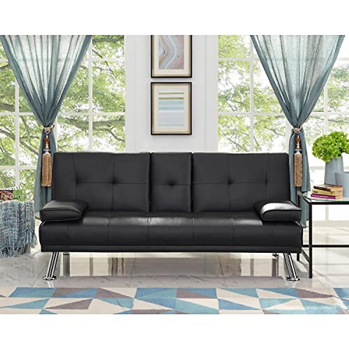 Naomi Home Black Futon Sofa Bed, Faux Leather Futon Couch with Armrest and 2 Cupholders, Pull Out Sofa Bed Couch with Metal Legs, Reclining Small Couch Bed, Black Couches for Living Room