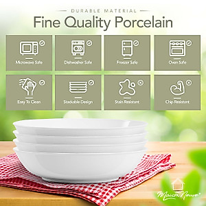 Maison Neuve Premium Porcelain White Dinner Bowls [Set of 4]- 40oz Dinnerware Kitchen Bowls For Soups, Noodles, Pasta, Salads, Desserts- Durable Dishwasher-Safe 9” Serving Bowls- Super White