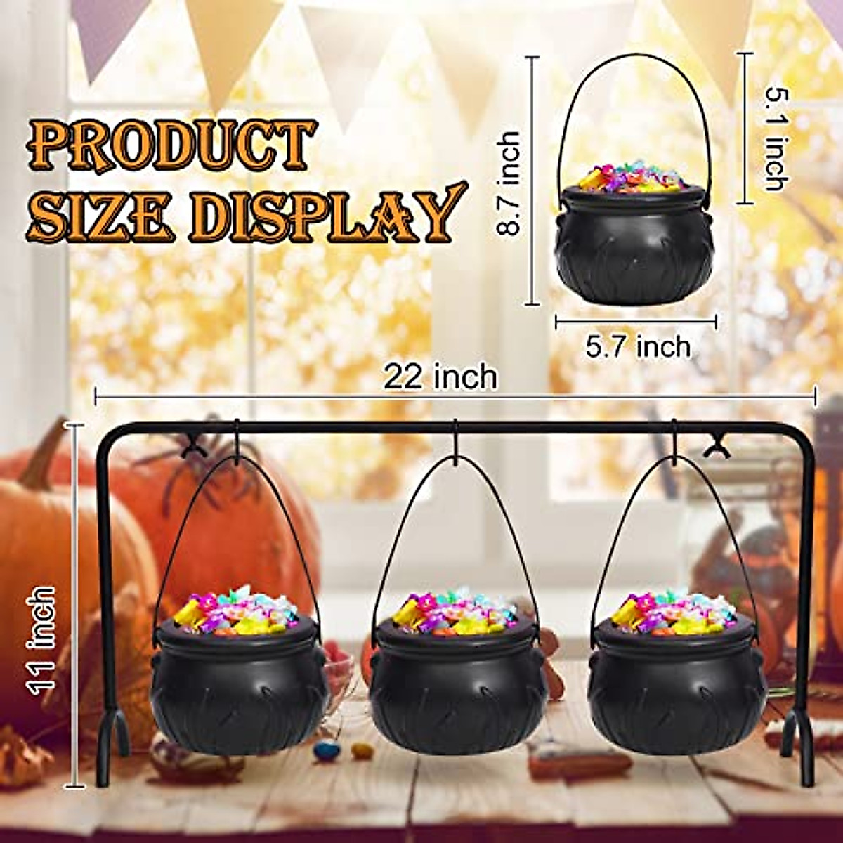 Rocinha Halloween Candy Bowls Decoration, 3 Pcs Witches Cauldron Serving Bowls with Iron Rack, Black Plastic Hocus Pocus Candy Bucket for Halloween Party Indoor Outdoor Home Kitchen Decorations