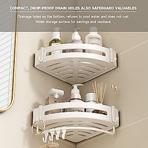 Shower Corner Shelf Caddy 2 Pack Shower Organizer Corner No Drilling Required, Aluminum Basket Shampoo Kitchen Organizer with 1 Towel Rack and 8 Hooks(White - Triangle Basket)