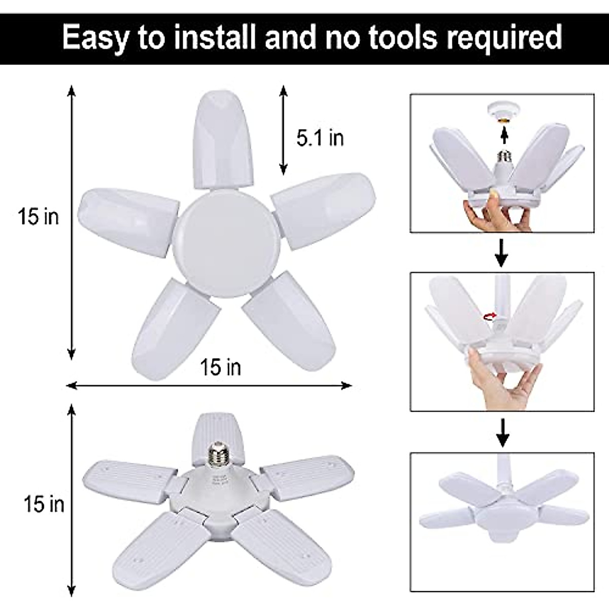 RGZZUP 6PACK LED Garage Lights,E26 100W Deformable Led Garage Ceiling Lighting 10000LM E26/E27 Daylight 6000K LED Ceiling Lights Adjustable Led Garage Light Extended Base for Garage,Warehouse