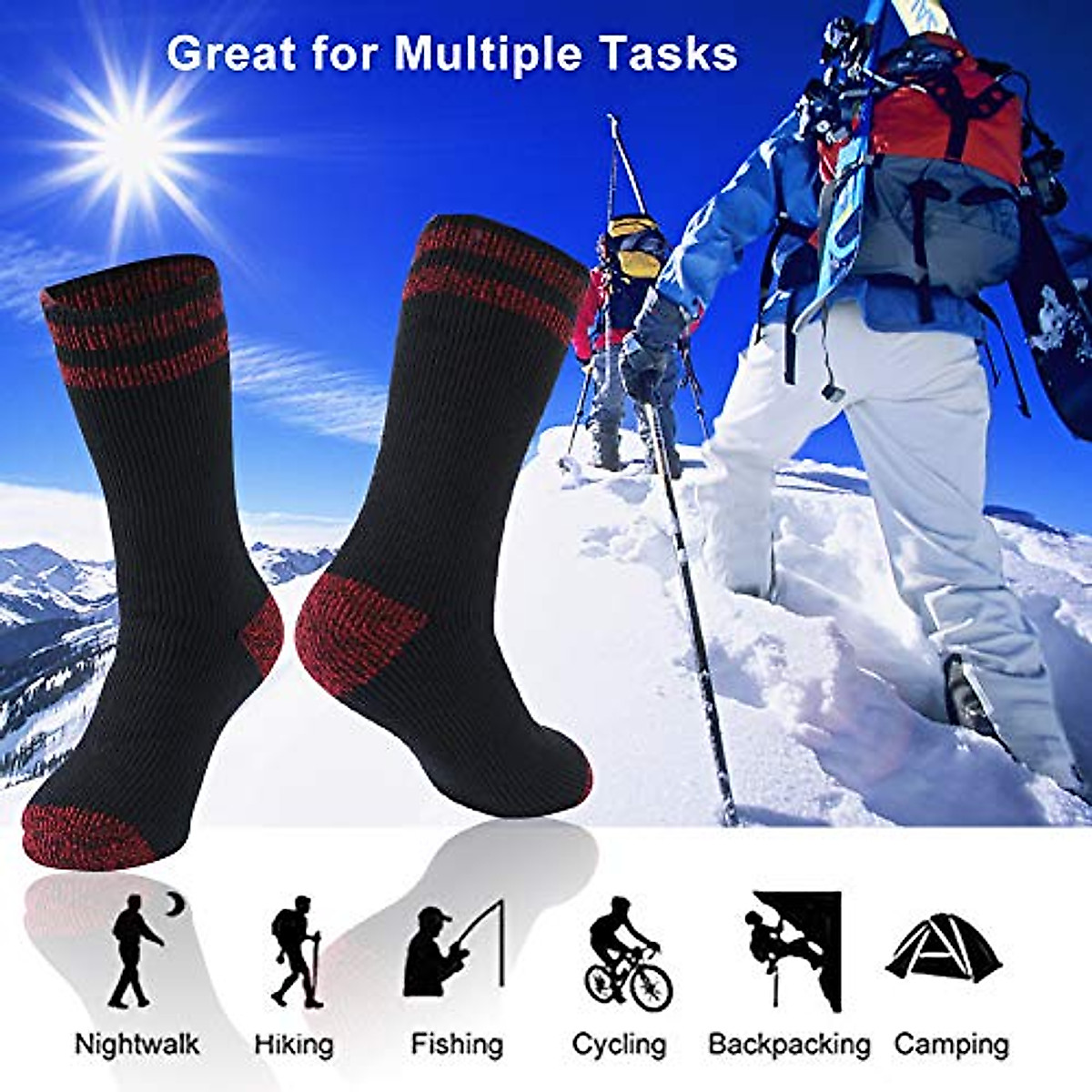 Three street Outdoor Sport Thermal Socks, Men Comfort Heavyweight Thermal Hiker Crew Insulated Heat Non Skid Socks, Winter Thick Warm Fuzzy Slipper Socks Warm Clothes for Working Black Red 1 Pair