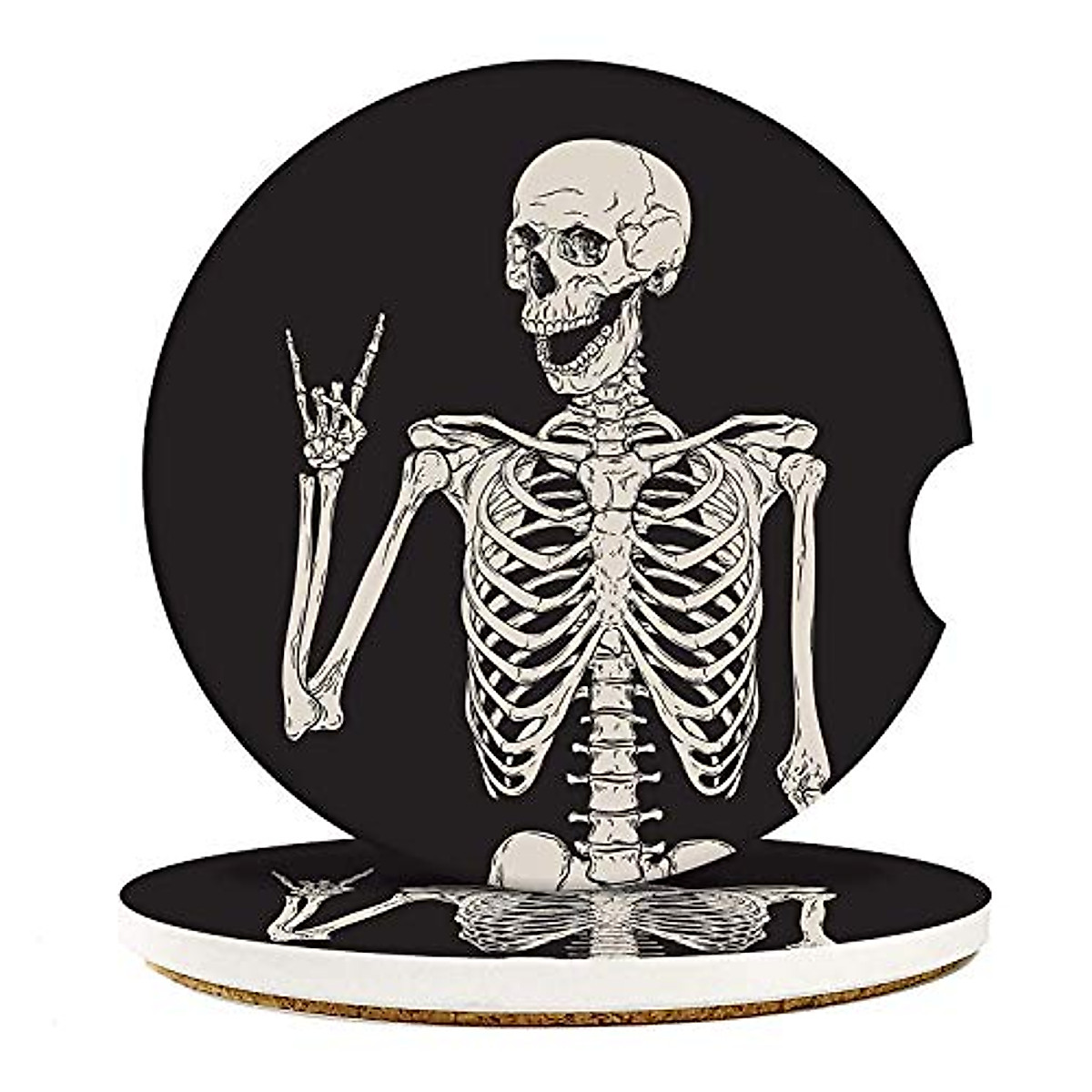Britimes Absorbent Car Coasters 2 Pack for Cup Holders, 2.56" Ceramic Stone Cork Base Drink Coasters Human Skeleton