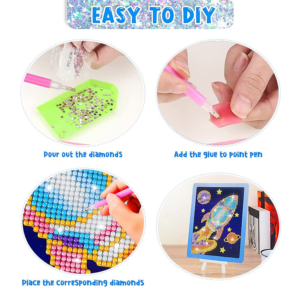 ForPeak Diamond Art for Kids, Arts and Crafts for Kids Ages 8-12, Mosaic Full Drill Gem Art Paint by Numbers, Animal 5D Diamond Painting Kits for Kids DIY for Kids Gift 6" X 6" 4 Pieces (Space)