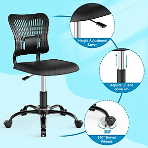 PALONE Home Office Chair Ergonomic Desk Chair Mesh Computer Adjustable Height Seat 360° Swivel Gaming Armless Chair Task with 5 Rolling Castors Upholstered Comfy Office Chair No Arms(Black)