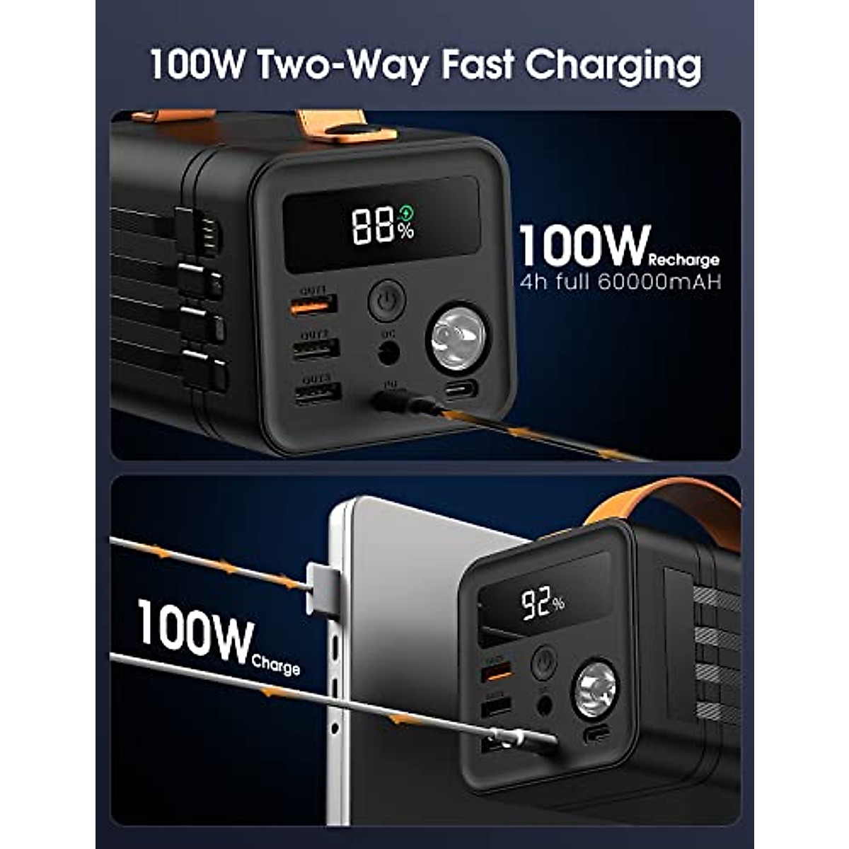 Laptop Power Bank 60000mAh/222Wh,100w usb c Charger Fast Charging ,External Battery Power Banks with Built in Cable, Compatible with iPhone 14/13 Series, Samsung, MacBook, surface,HP,Dell, and More