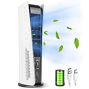 CONBOLA Desk Fan for Bedroom with Cold Air for Home, 16" Battery Operated Bladeless Rechargeable Fan, 10000mAh Small Tower Fan, Quiet Oscillating Portable Fan with 3 Speeds Timer LED Light, Office