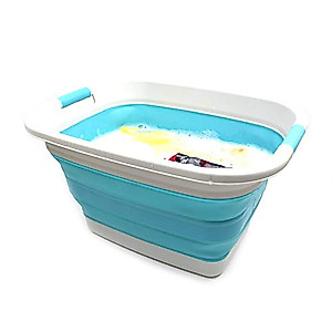 SAMMART 37L (9.77 Gallon) Collapsible Plastic Laundry Basket - Foldable Pop-Up Storage Container/Organizer - Portable Washing Tub - Space Saving Hamper/Basket (1, Grey/Bright Blue)