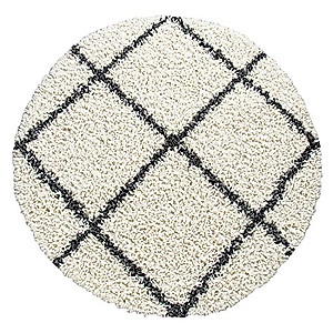 Boho Shag Rug in Cream with Modern Diamond Pattern, Scandinavian Design, Size:6'7" x 9'2"
