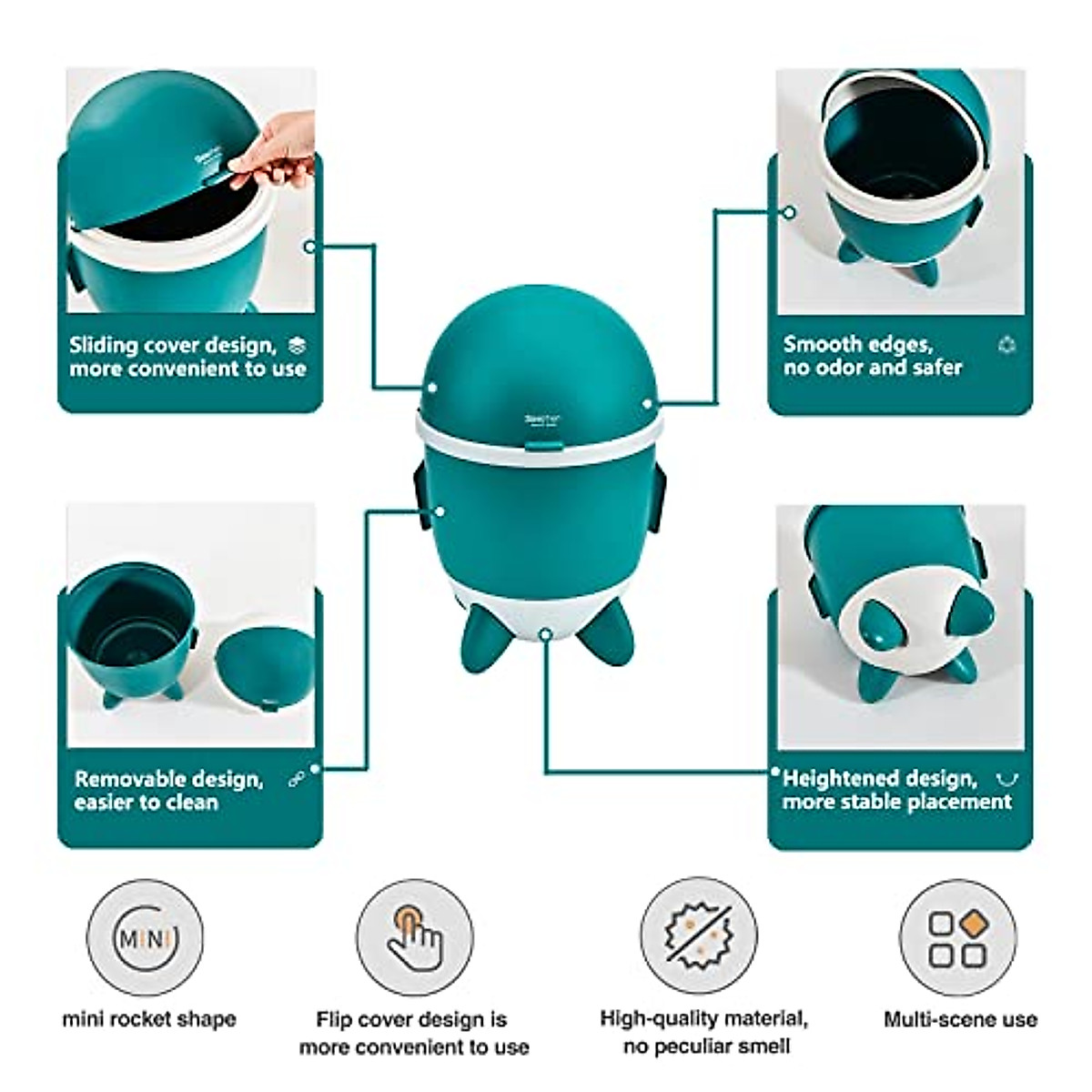 ENNTJOOY Large Capacity Rocket Shape Plastic Trash Can with Lid Trash Can with Removable Clamshell designTrash Can for Bathroom Kitchen and Office (Green)