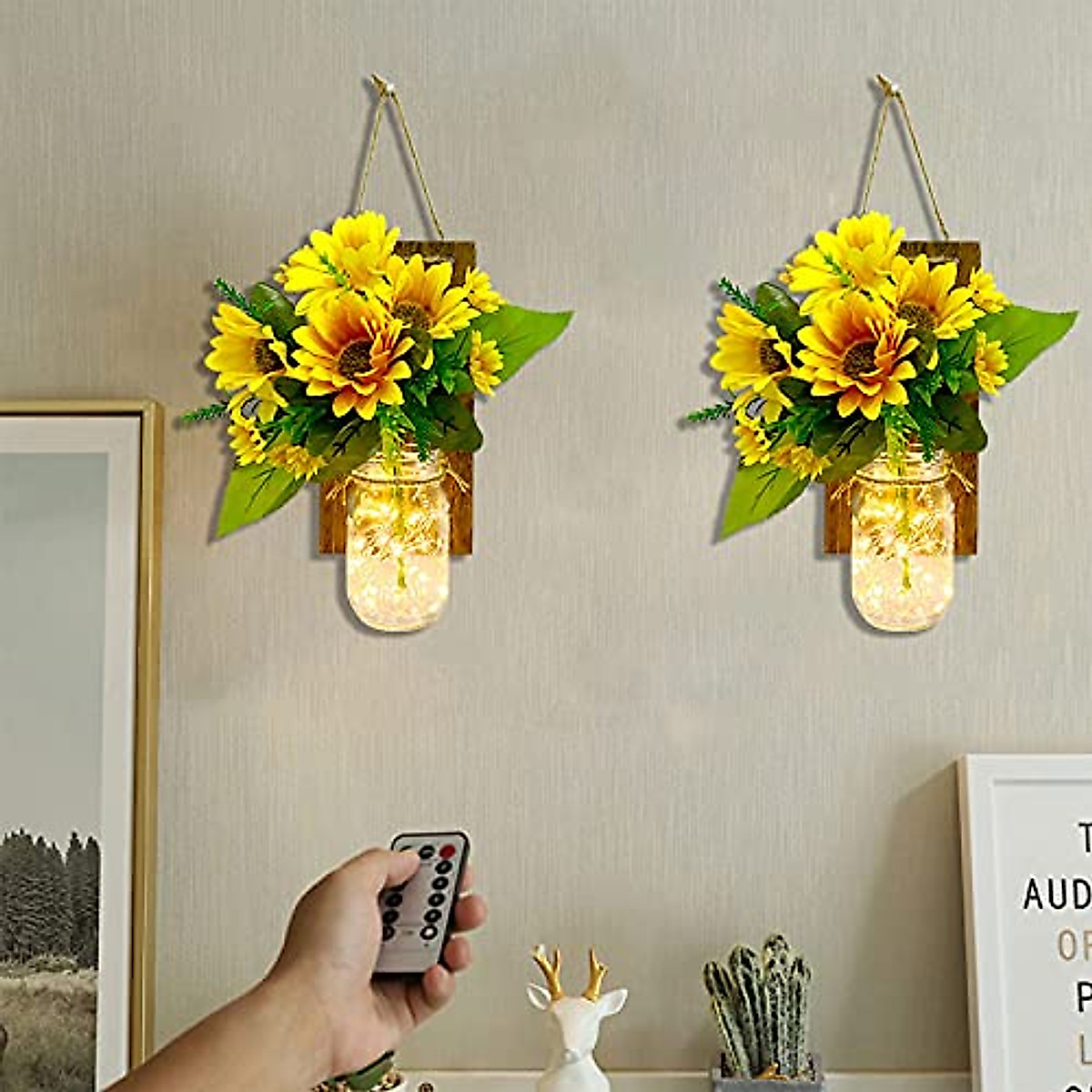 Mason Jar Sconces, Farmhouse Home Decor, Rustic Wall Sconces, LED Fairy Lights, Sunflower, Interior Decoration Warm Toned Lighting. (2 Pack)(with Remote Control)