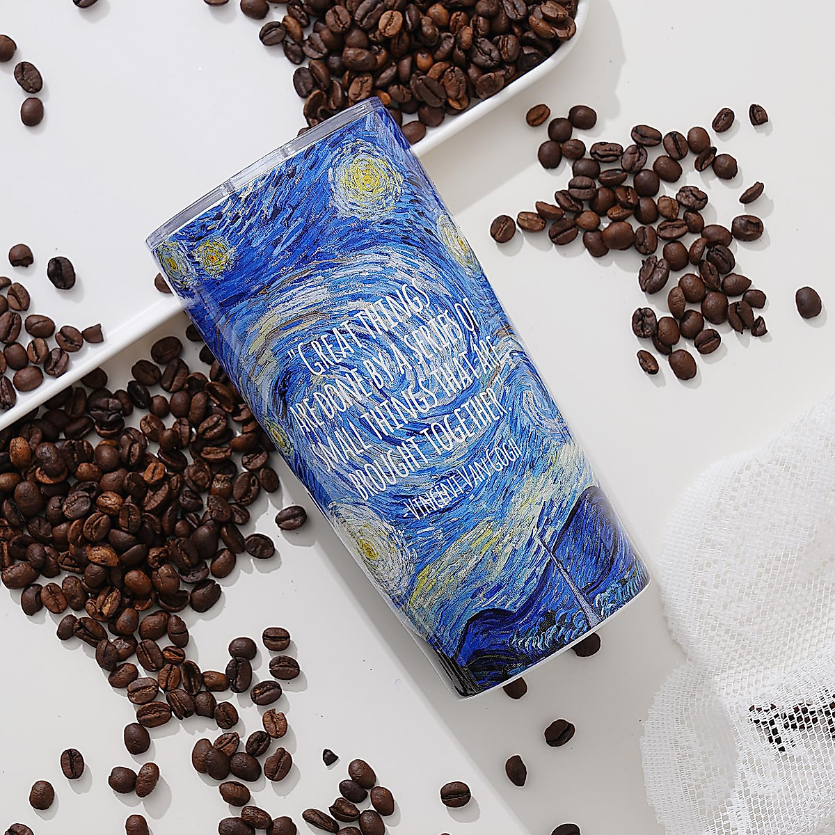 1st Heaven Coffee Tumbler, Van Gogh Art Tumbler, Spill-proof Insulated Coffee Mug with Lid, Inspirational Art Lover Gift for Outdoor, Office & Travel, 20oz (Starry Night)