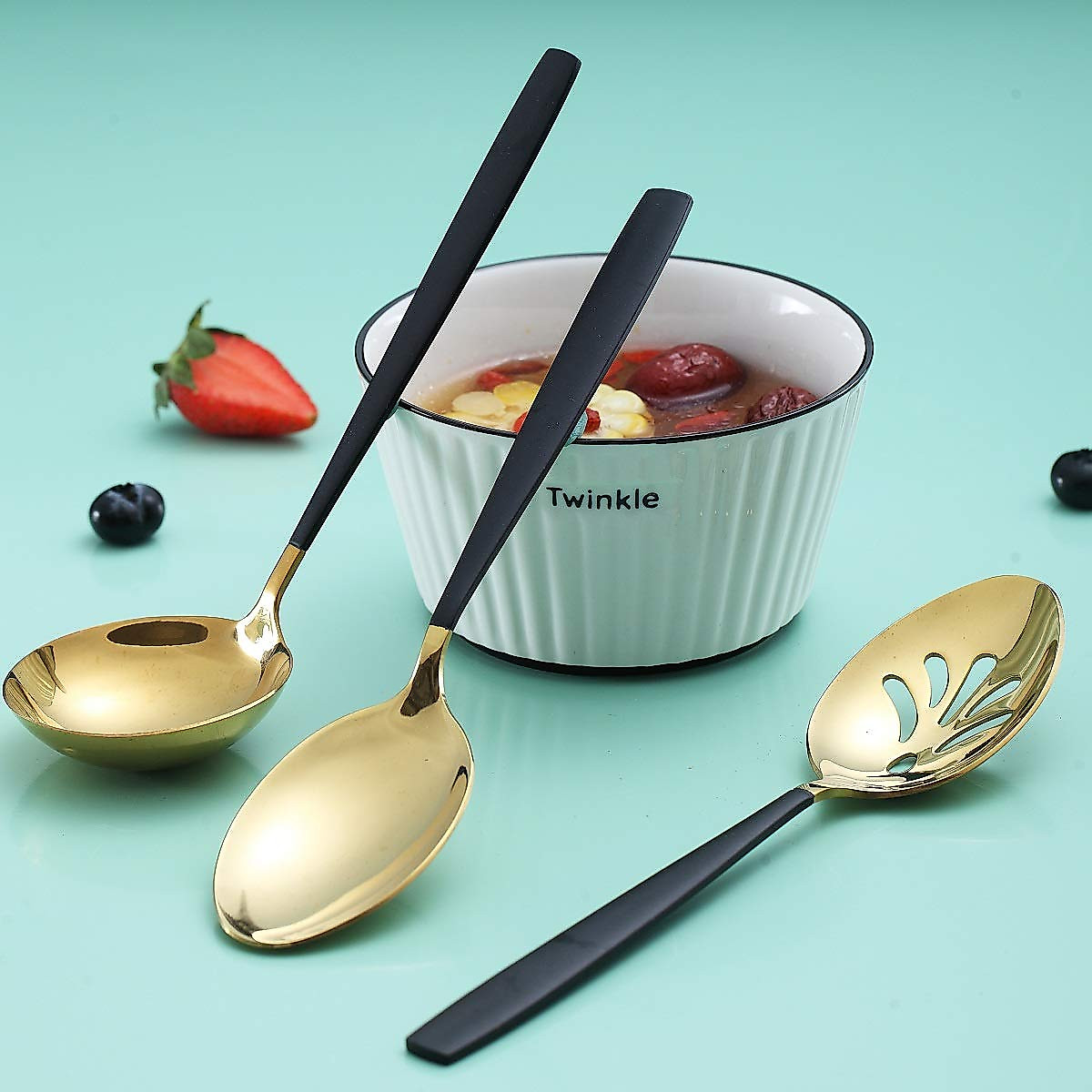 Black with Gold Silverware Serving Set 10 Pieces, Black Gold Flatware Serving Set, Serving Utensils, Include Slotted Spoon, Cake Server, Sugar Spoon, Soup Ladle, Wedding Cake Knife Ect