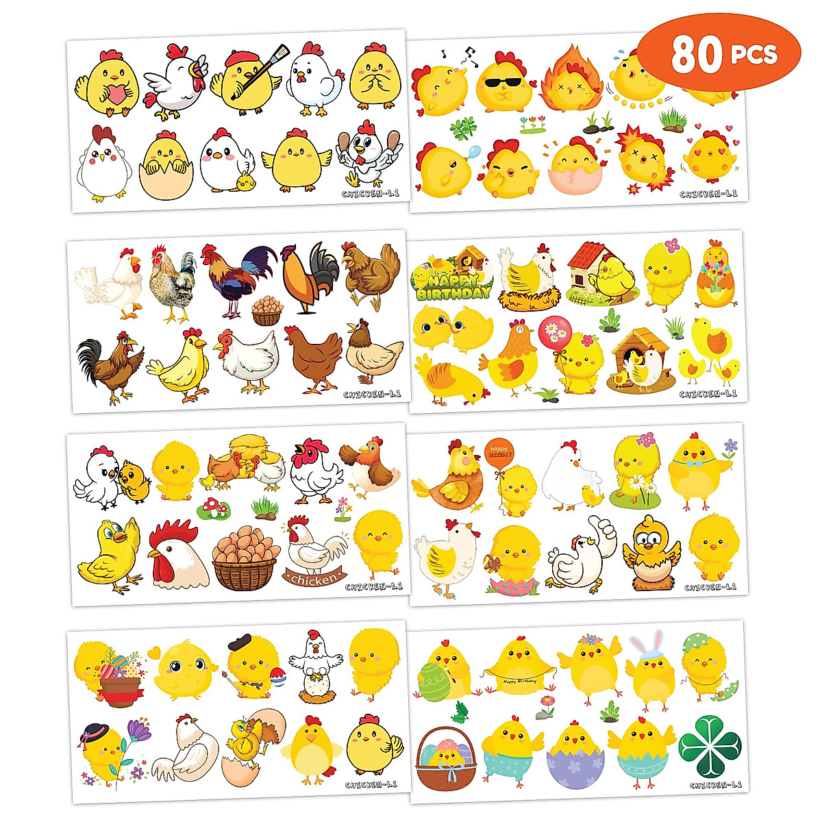 Chicken Temporary Tattoos Sticker for Kids 8 Sheet (80 Pcs) Yellow Farm Themed Birthday Party Decorations Supplies Favors Gifts Ideas for Girls Boys Baby Showers Cute Fake Tattoo Classroom Reward